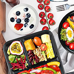 50 PACK, 32 oz. Meal Prep 3 Compartment Containers, Extra Large & Thick Food Storage Containers with Lids - BPA Free Stackable Microwavable & Dishwasher Safe, Travel, To Go, Bento Box, Black