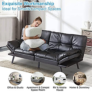 Opoiar Futon Sofa Bed,Faux Leather Convertible Sofa Bed,2 Seater Sofa Couch,Futon Couch,Memory Foam Sleeper Sofa with Quick Adjustable Armrest & Backrest for Compact Living Spaces,Black