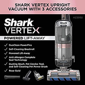 Shark AZ2002 Vertex DuoClean PowerFins Upright Vacuum with Powered Lift-Away Self-Cleaning Brushroll and HEPA Filter, 1 Quart Dust Cup Capacity, Rose Gold (Renewed)