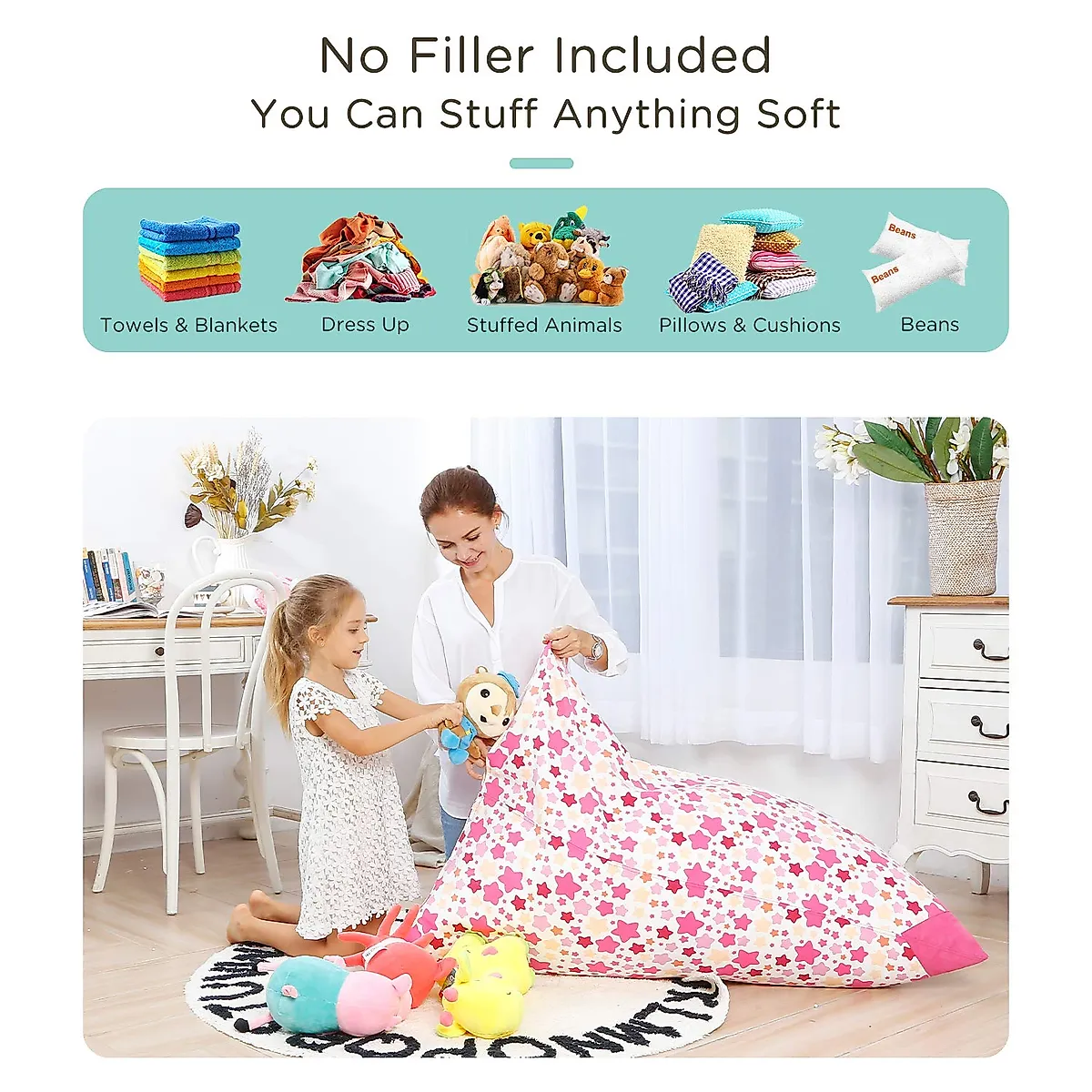 Aubliss Stuffed Animal Storage Bean Bag Chair Cover, 50"x 35" Extra Large Bean Bags for Kids & Adults, Beanbag Toy Storage for Boys Girls - Premium Cotton Canvas Bola