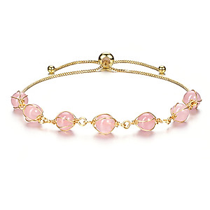 Top Plaza Natural Rose Quartz Crystal Bracelets Healing Crystal Stone Bead Bracelet 14K Gold Plated Ankle Bracelets Healing Quartz Jewelry for BF Mom Wife Birthday Christmas Gifts