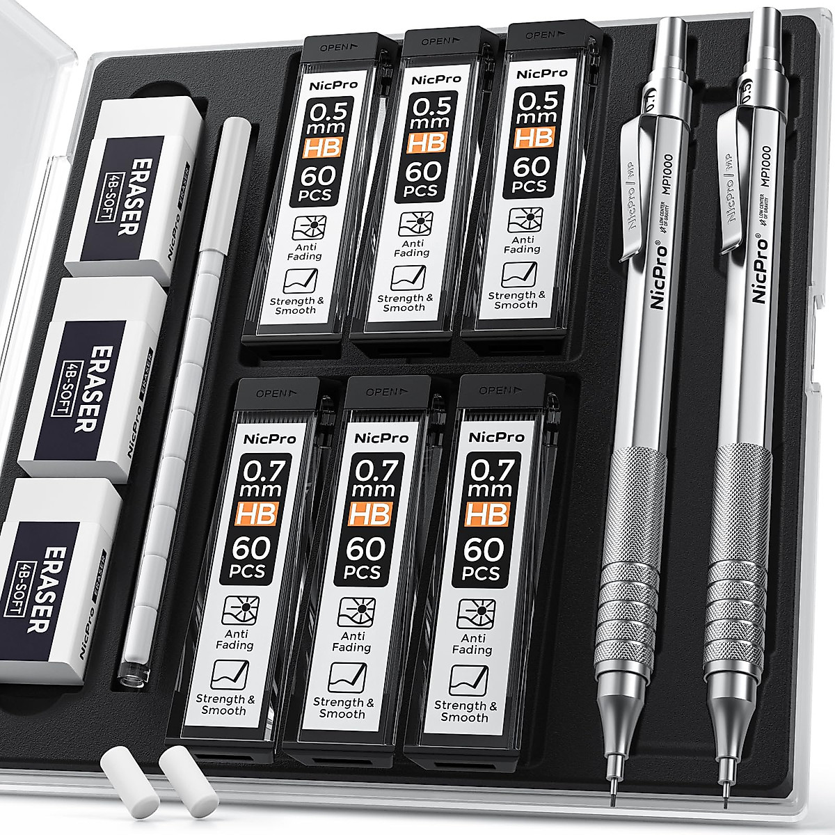 Nicpro 2 PCS Mechanical Pencils 0.5mm & 0.7 mm with Case, Metal Artist Pencil Set with 4 Tubes HB Lead Refills, 2 Erasers, 9 Eraser Refills For Art Writing Drafting, Drawing, Sketch, Silver