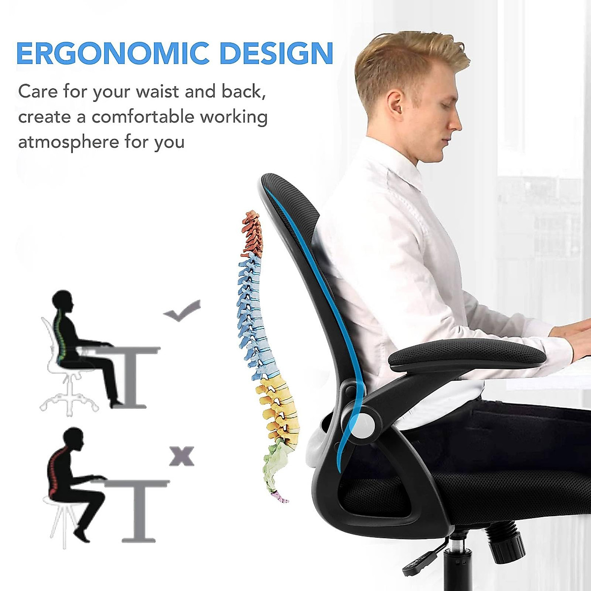SAIBFARST Ergonomic Office Chair-Adjustable Height, Desk Chair with Wheels Mesh Computer Desk Chair with Flip-up Arms PU Leather Task Chair 300lbs