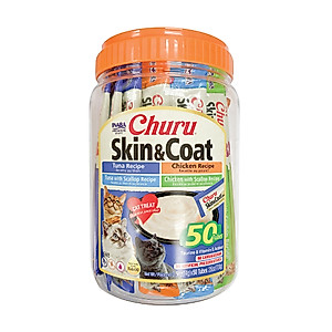 INABA Churu Lickable Purée Natural Cat Treats for Skin and Coat with Omega Oils, Taurine and Vitamin E, 0.5 Ounces Each Tube, 50 Tubes, Skin & Coat Variety