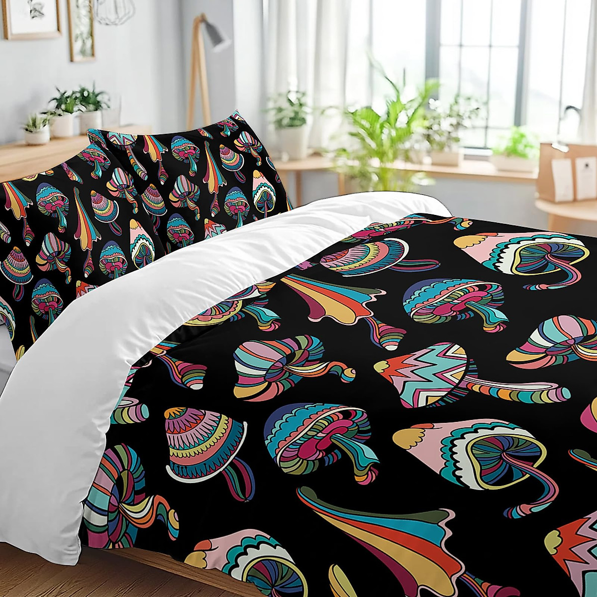 SOULZZZ Colorful Mushroom Duvet Cover Umbrella Pattern Exotic Style Black Beddings for Kids Teens Boys Girls Aesthetic Hippie Theme Cartoon Mushroom Bed Set (Queen, 1 Duvet Cover 2 Pillow Shams)