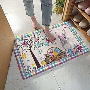 Easter Flower Bath Mat, Soft Absorbent Microfiber Plush Bathroom Rugs Mat Non Slip Doormat Floor Mat Carpet Spring Floral Rabbit Eggs Tree Colorful Plaid 16x24