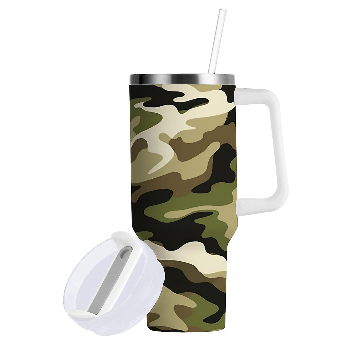 Jihqo Green Camouflage 40 oz Stainless Steel Vacuum Insulated Tumbler with Handle and Straw Lid, Leakproof Water Bottle Double Wall Travel Mug Coffee Cup, Cupholder Friendly
