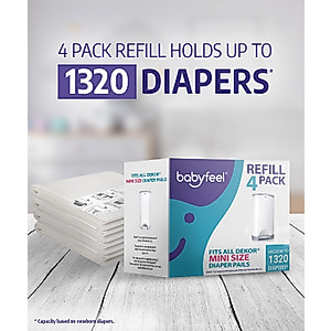Babyfeel Refills Compatible with DEKOR MINI Diaper Pails | 4 Pack | Exclusive 20% Extra Thickness | Diaper Pail Refills with Powerful Odor Elimination | Powder Scent | Holds up to 1320 Diapers