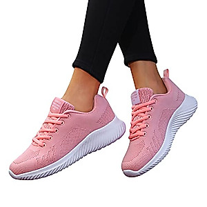 Women's Breathable Sneakers Fashion Solid Color Lace-up Steel Toe Running Shoes Lightweight Soft Sole Athletic Tennis Shoes Pink