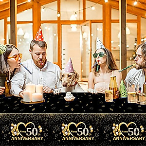 3pcs Happy 50th Anniversary Tablecloths Black Gold Table Covers 50th Wedding Anniversary Party Supplies for Parents Cheer to 50 Years Party Decorations and Plastic Disposable Party Favors,108*54 inch