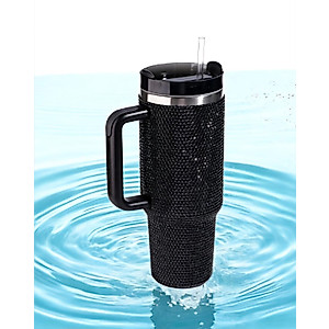 40 oz Black Bling Tumbler With Handle Rhinestones Tumbler With Lid and Straw Fix for Car Cup Holder Insulated Stainless Steel Double Wall Water Cup Travel Mug Tumbler.