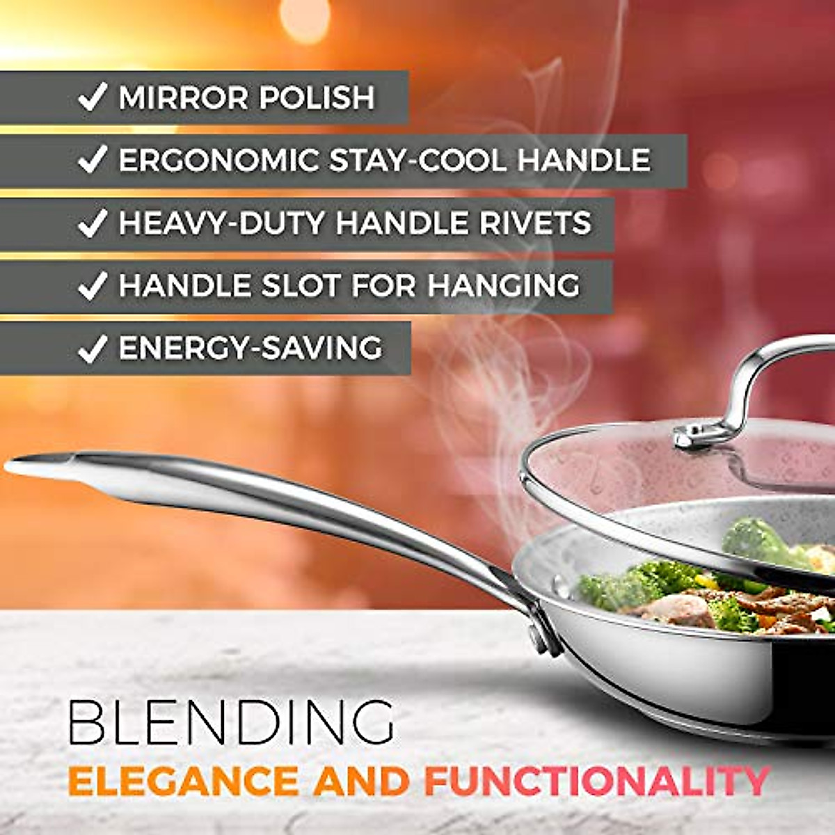 Mueller DuraClad Tri-Ply Stainless Steel 8-Inch Fry Pan with Lid, Extra Strong Cookware, 3-layer Bottom, Even Heat Distribution, Ergonomic and EverCool Stainless Steel Handle