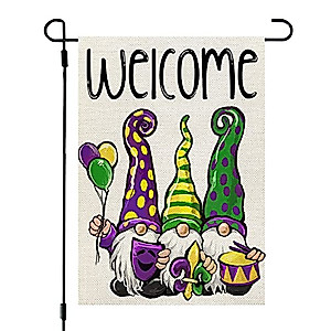 CROWNED BEAUTY Mardi Gras Gnomes Garden Flag for Outside 12x18 Inch Double Sided Small Burlap welcome Yard Outdoor New Orleans Carnival Celebration CF694-12