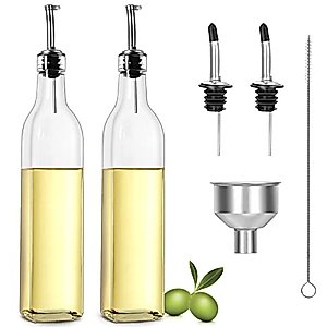 Gusnilo Olive Oil Dispenser Bottles Set 17 oz Olive Oil Bottle 500 ML Oil and Vinegar Cruet Bottle Oil Dispenser Bottle for Kitchen Glass Oil Bottle with Funnel and Pourers (2PCS)