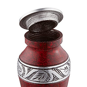 Reminded Small Cremation Keepsake Urns for Human Ashes, Set of 4 Red and Silver Miniature Urns with Velvet Case and Bags