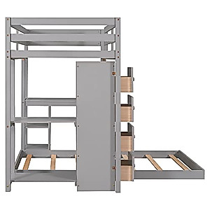 Polibi Twin Over-Twin Bunk Bed with Built-in Desks, Drawers and Shelves, Twin Size Wooden Loft Bed with 4 Storage Drawers, Desk, Shelves and Bottom Platform Bed (Grey)