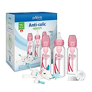 Dr. Brown’s Natural Flow Anti-Colic Options+Narrow 8oz/250mL Baby Bottle + Lovey Gift Set with Level 1 Slow Flow Nipples, Pink