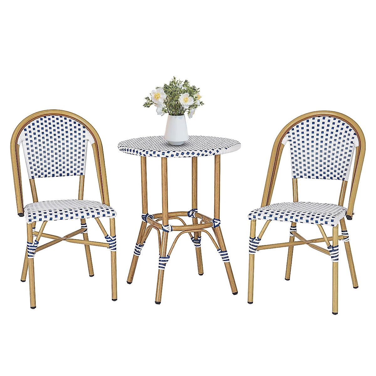 3 Piece Patio Bistro Set , French Wicker Outdoor Bistro Set with Round Table and 2 Dining Chairs , ‎Aluminum Wicker Furniture, All Weather Outdoor Patio Conversation Set for Garden Balcony Cafes Yard