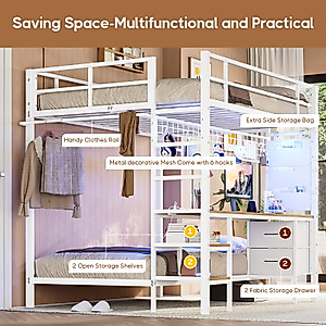 DICTAC Full Over Twin Size Bunk Bed with Desk and Led Lights Metal Loft Bed Frame with Charging Station,Storage Shelves and Drawers for Teen & Adults,Safety Guard & Ladder,No Box Spring Needed,White