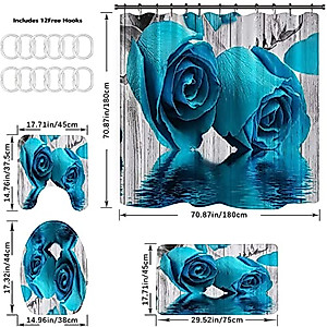 Byitre 4PCS Flower Shower Curtain Set with Non-Slip Rugs, Toilet Lid Cover and Bath Mat, Shower Curtain with 21 Hooks, Bathroom Sets with Shower Curtain and Rugs and Accessories, 71'' x 71'', QY006-9