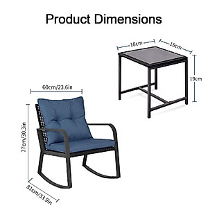 HLNPTN 3 Pieces Patio Rocking Chairs Outdoor Bistro Set, Wicker Outdoor Rocker Chair of 2, Porch Sofa Seat Patio Furniture Conversation Sets with Tempered Glass Top Coffee Table & Cushions, Dark Blue