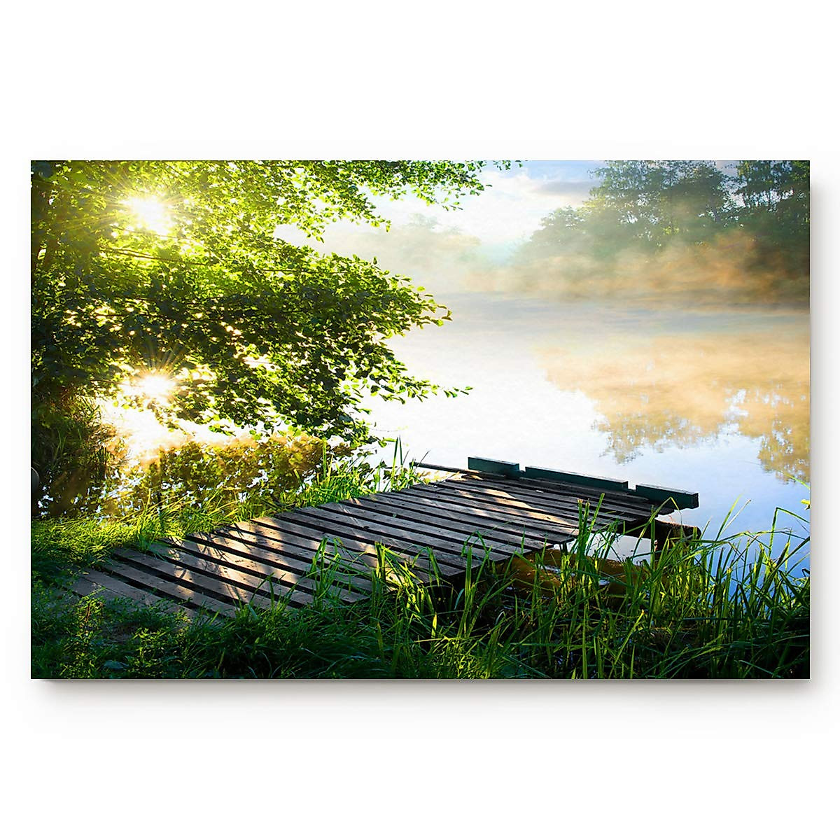 Indoor Doormat Front Door Mat Spring Nature Secluded Pier Lake Scenery Sun Rays Green Fresh Non Slip Rubber Back Floor Mat Entrance Low-Profile Welcome Mat Outdoor Rug for Home Office Garden