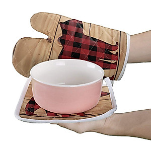 Kitchen Oven Mitts and Potholders Set, Buffalo Check Plaid Bear Wood Rustic Heat Resistant Padded Cooking Gloves&Pot Holder Non-Slip for BBQ Baking Grilling, Red Black