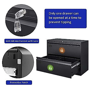 Large Wide 2 Drawer Lateral File Cabinet for Legal/Letter A4 Size,Locking Metal Steel Storage Filing Cabinets with Anti-tilt Mechanism for Home Office (Black-2 Drawer)