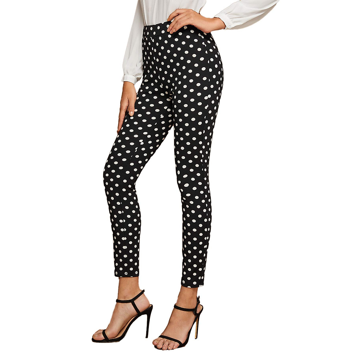 SweatyRocks Women's Casual Skinny Leggings Stretchy High Waisted Work Pants Black White Polka Dot Small