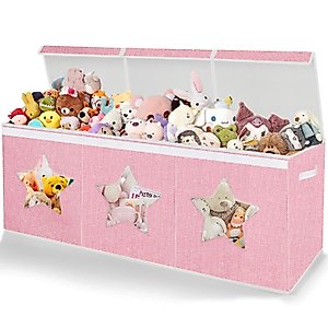 Xmasorme Toy Box for Girls,Extra Large Toy Storage Organizer Bins with Star Transparent Windows,Sturdy Handles and Mesh Bag, Foldable Storage Box for Nursery, Playroom, Bedroom(Pink)