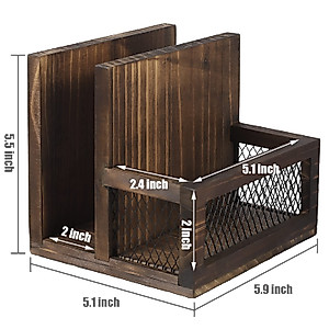 FARM IN Napkin Holder, Farmhouse Multifunctional Napkin Holder with Salt and Pepper Shakers Holder for Home and Commercial Use, Rustic Solid Burnt Wood & Diamond Metal Wire Mesh