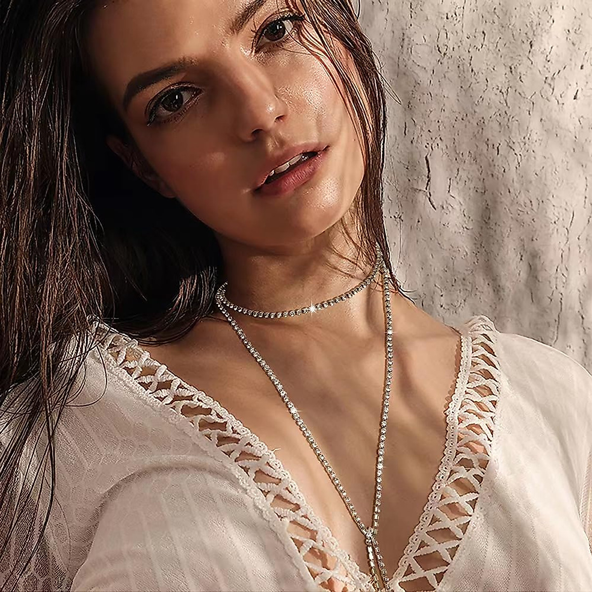 Lirgoriy Silver Necklace Rhinestone Tassel Necklace Sexy Crystal Long Choker Necklaces Accessories for Women Body Jewelry Nightclub Party (Silver2)