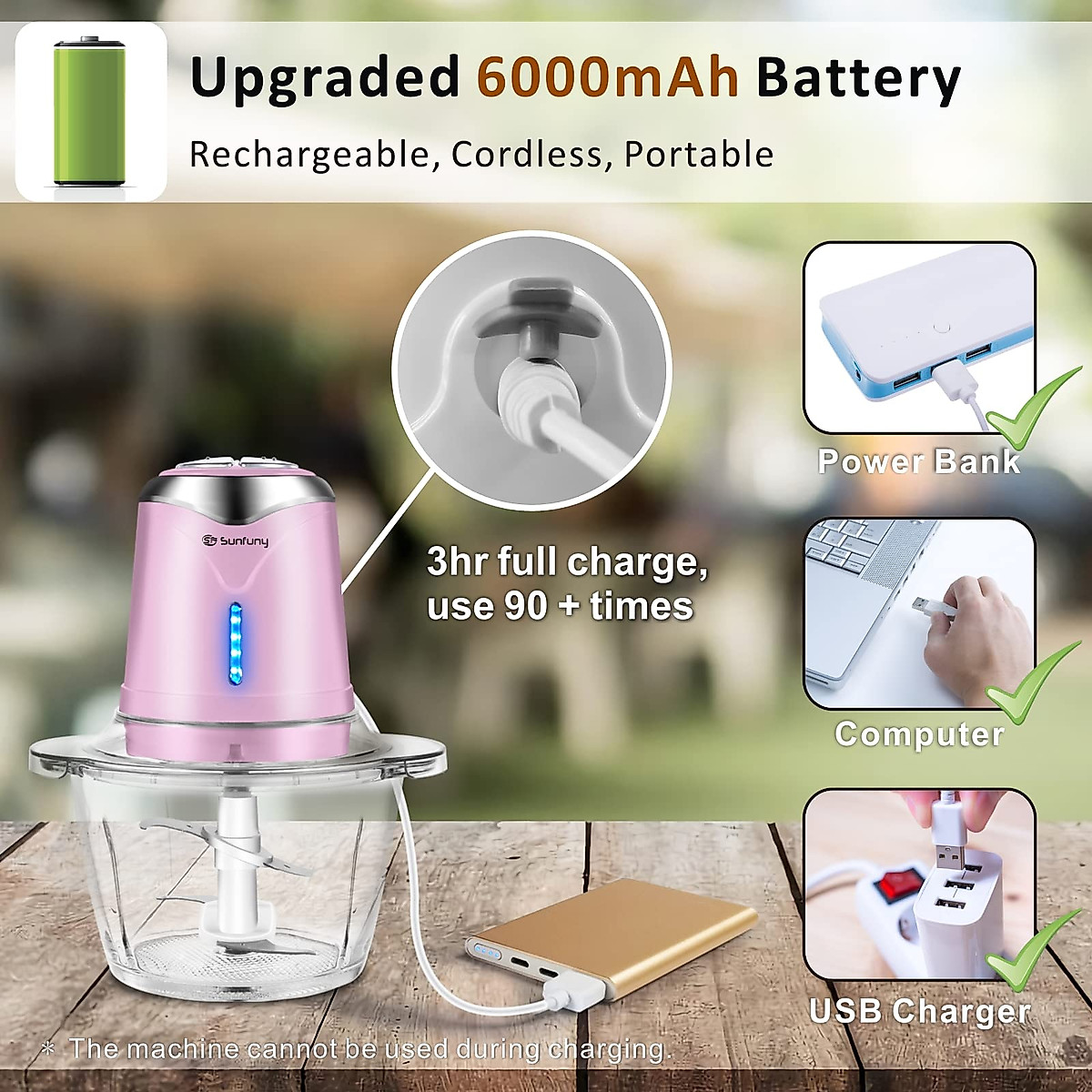 Food Processor 6000mAh Cordless Vegetable Chopper with 5 Cup Glass Bowl, Electric Garlic Meat Choppers BPA-free Baby Food Processors Blender Small Kitchen Mixer Mincer with 4 Blades, 2 Speeds (Pink)