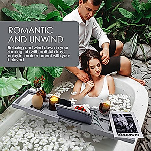Foldable Bathtub Caddy Tray, Bamboo Bath Tub Tray Table for Tub with Wine Glass Holder Book Phone Tablet Holder with Extending Sides, Adjustable Bathroom Bathtub Free Soap Holder Gift Idea (Grey)