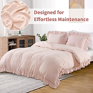 Fashionwu Duvet Cover Queen Size, Microfiber Ruffled Duvet Cover Set Soft and Breathable Queen Duvet Cover Set for All Season 3 Pieces (1 Duvet Cover, 2 Pillowcases), Pink