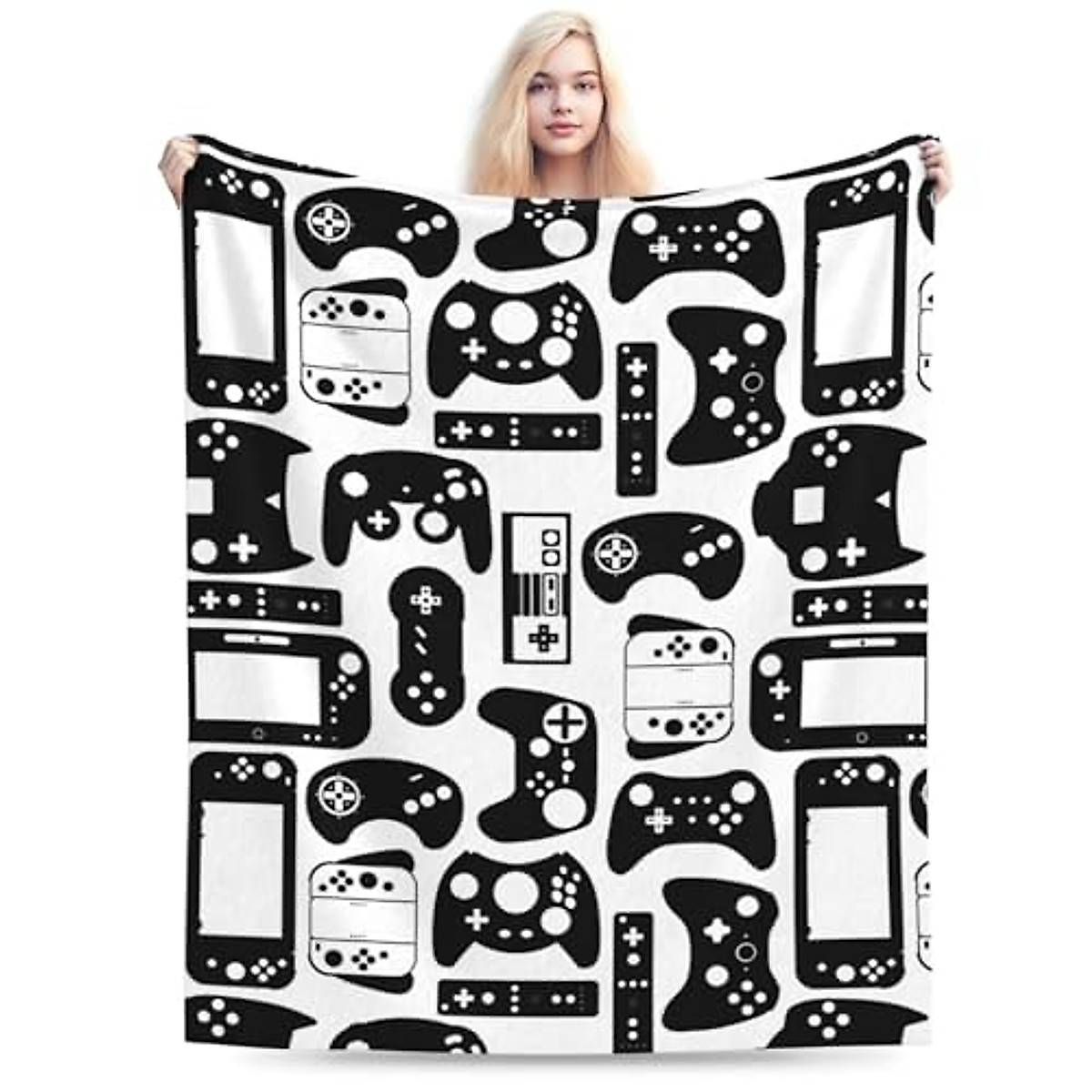 Video Game Gaming Black White Gamer Throw Blanket Soft Bed Bedding Warm Cozy Plush Flannel Fleece Blankets Gifts for Kids Boys Teens Men, Sofa Couch Bedroom Home Decor, 60"X50"
