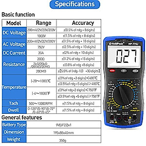 Digital Multimeter HP-770J Automotive Multimeter Engine Analyser Manual Ranging NCV Multi Tester Voltmeter Measure Voltage+Current+Resistance+Temp+RPM+Dwell Angle with Data Hold+Backlight+Auto Off+℃/℉