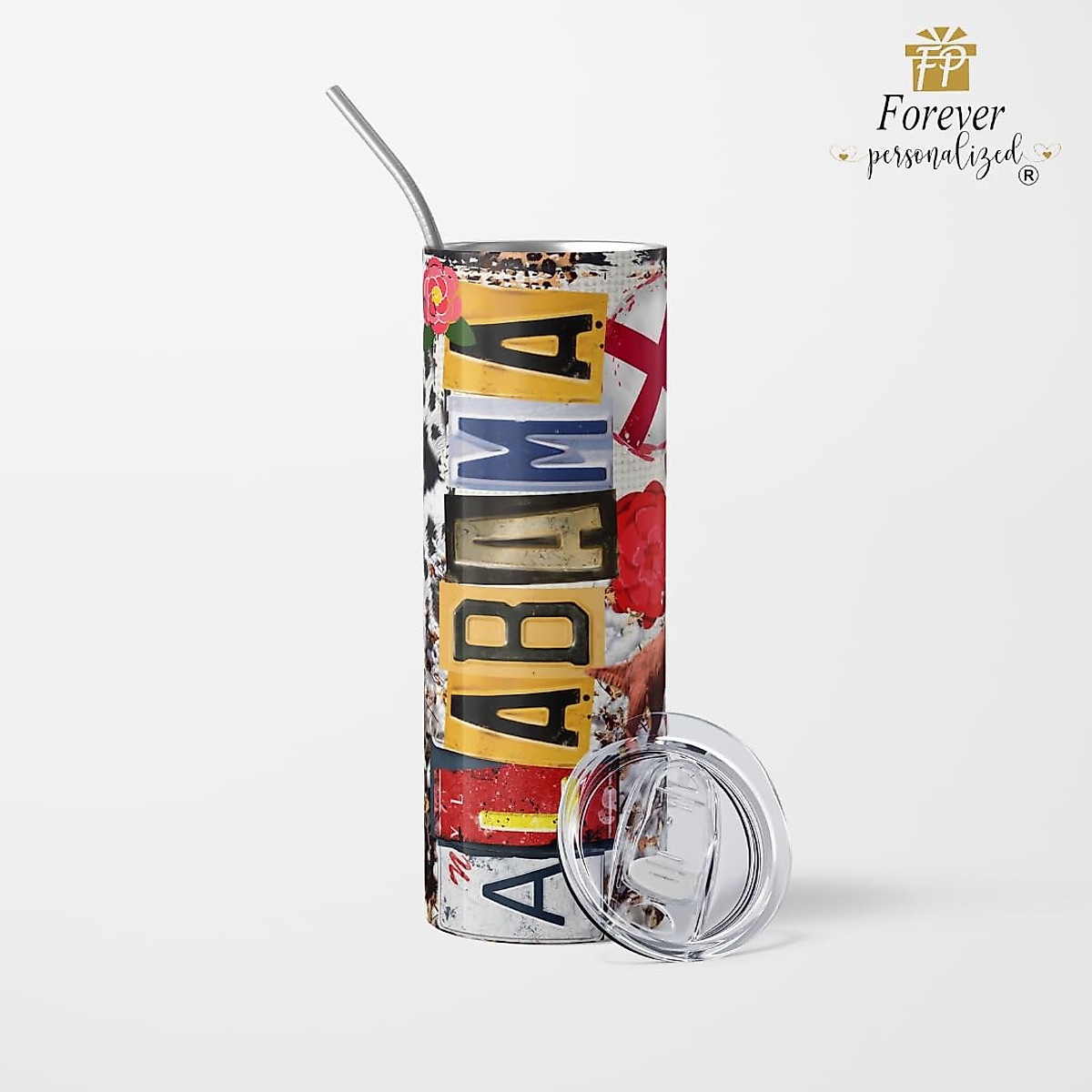 Custom Tumbler with Lid and Straw| All 50 States Tumblers with Name| Stainless Insulated Tumblers| Personalized Gift| Double Wall Coffe Cup for Hot, Cold Drinks (Alabama)