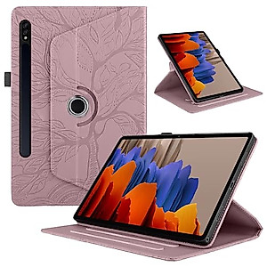 Schaflie Compatible with Samsung Galaxy Tab S9 2023/ Tab S8 2022/ Tab S7 2020 11 inch Case 360 Rotating Cover PU Leather Stand Function with Tree Embossed SM-X700/X706/T870/T875/T876B Rosegold