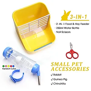 LLSPET 3-in-1 Guinea Pig Hay Feeder Water Bottle Nail Scissors Set, Pets Feeding Kit for Small Animals Bunny Chinchilla Guinea Pig Rabbit, 250ml Rabbit Water Bottle No Drip(Yellow)