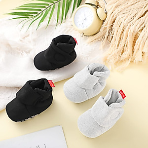 Bencailor 2Pair Baby Booties Unisex Newborn Baby Cotton Booties Warm Sock Shoes Nonslip Stay on Baby Shoes with Gripper Soles (Black, White,6-12 Months)
