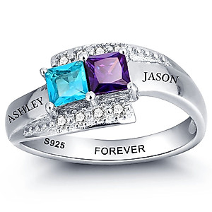 JewelOra Personalized Promise Rings for Her with 2 Simulated Birthstones Name Rings for Couples Wedding Engagement Band (10)