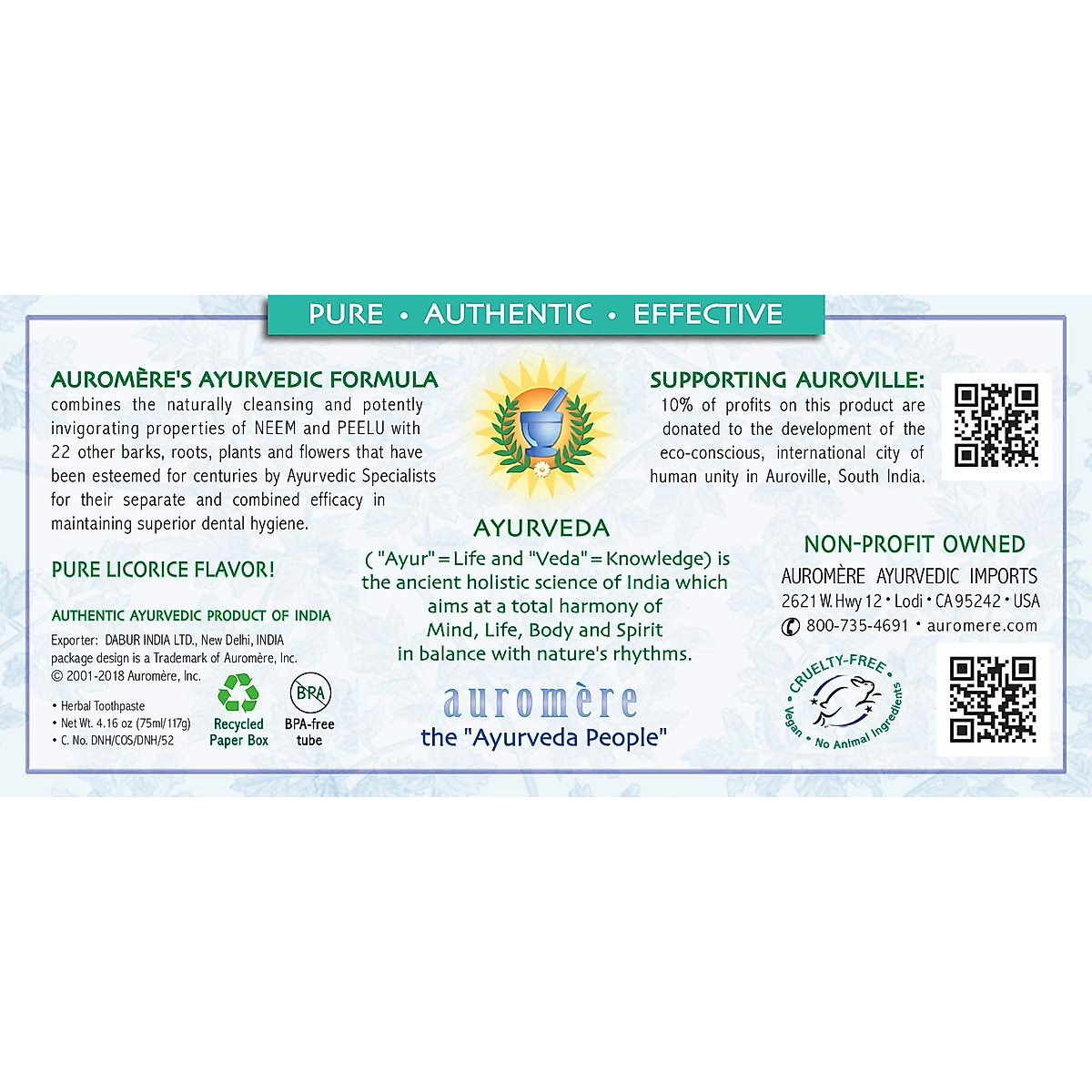 Auromere Ayurvedic Herbal Toothpaste, Mint Free - Vegan, Natural, Non GMO, Fluoride Free, Gluten Free, with Neem & Peelu (4.16 oz), 1 Pack