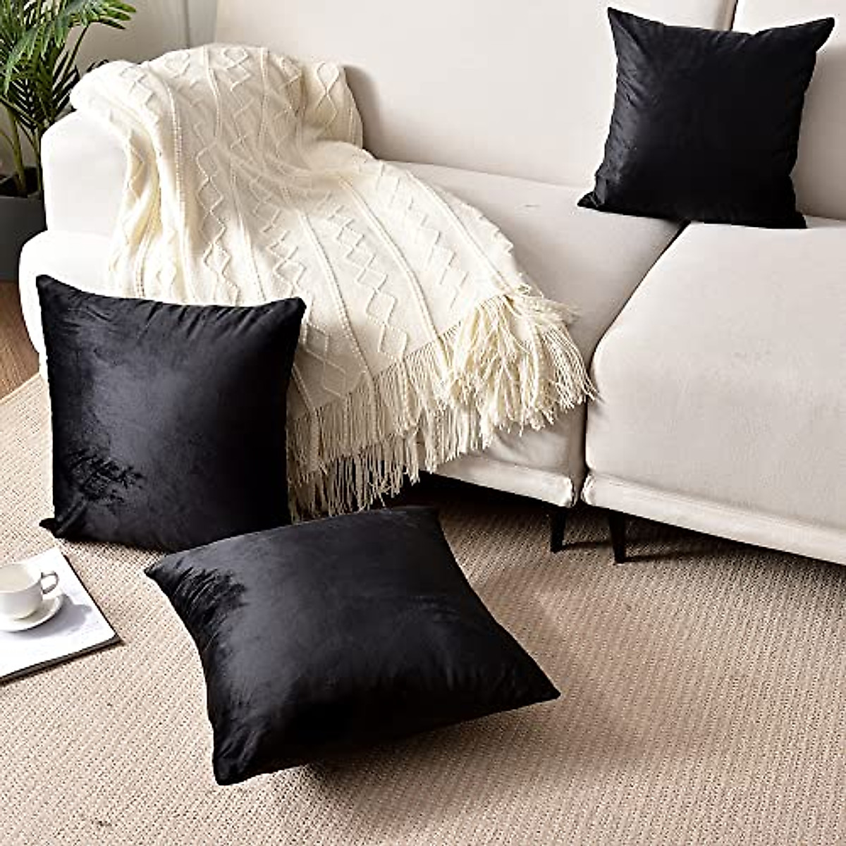 Krifey Throw Pillow Covers Velvet Decorative Square Pillowcase Soft Cushion Case for Couch Bedroom 18x18 Inch Black, Pack of 2