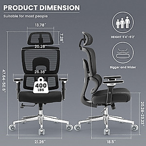 Ergonomic Office Chair, Big and Tall Mesh Chair 400LBS for Home Office&Gaming, High Back Desk Computer Chair with Lumbar Support, 3D Adjustable Headrest,4D Armrests, Upgraded Mute Rubber Chair Casters