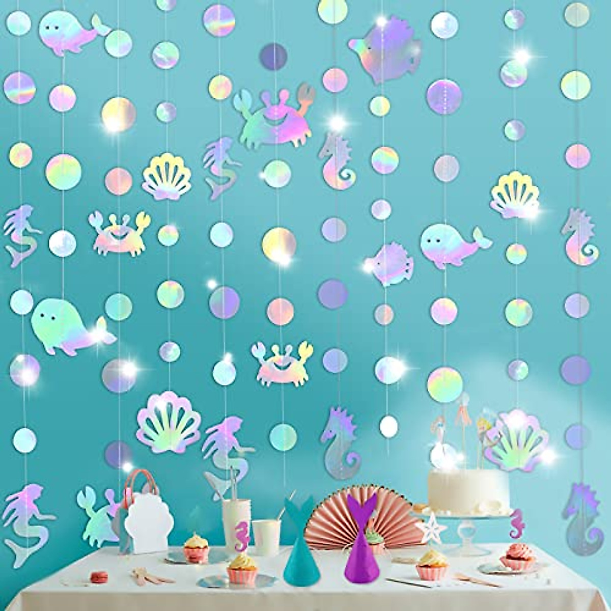 59 Ft Ocean Collection Mermaid Garland Party Decoration,Little Mermaid Party Decorations, Mermaid Birthday Decorations,Iridescent Mermaid Garland Baby Shower Under The Sea Party Decorations Pearl Holographic Paper Streamer for Little Mermaid