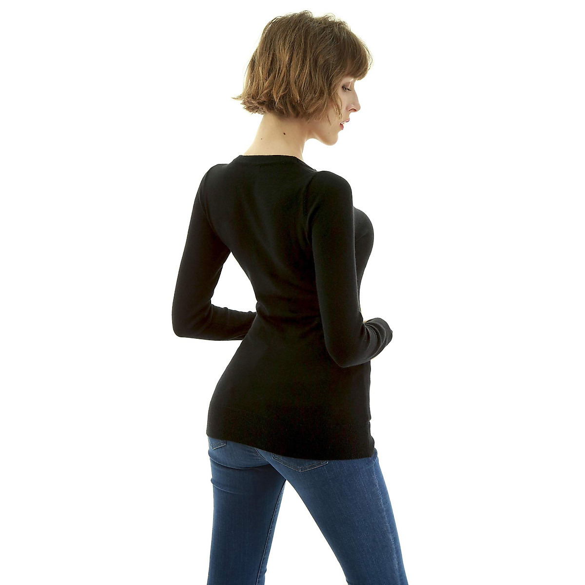 AmélieBoutik Women V Neck Eyelet Trim Long Sleeve Sweater (Black Medium)