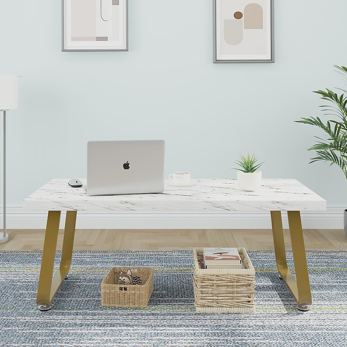 HSH White Marble Coffee Table, Modern Faux Marble Living Room Table, Wood and Metal Legs Center Table, Fashion Rectangular Tea Table for Office Minimalist Cocktail Table, White Marble and Gold, 47 in