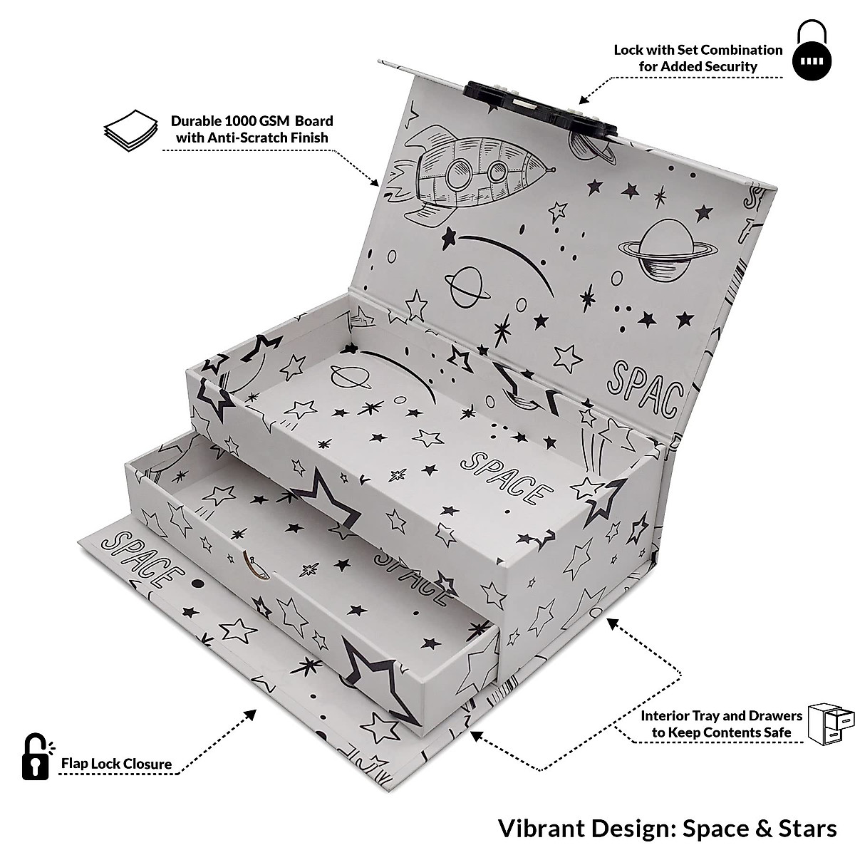 OccasionALL 9.5x5.25x3.5 1 Piece Kids Treasure Box, Space Theme Boys Jewelry Box Treasure Chest, Kids Memory Box Keepsake Boxes with Lids for Toys