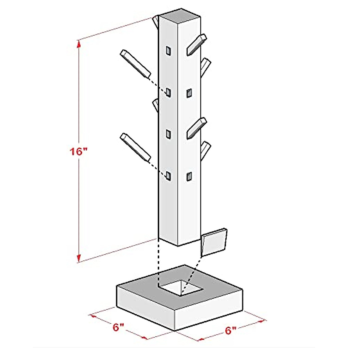 16" Solid Wood Coffee Mug Stand | Coffee Mug Tree | Coffee Mug Rack | Coffee Cup Holder | Adjustable / Removable Hooks | Holds 10 Mugs | Collapsible for Storage | Jewelry / Watch Organization (Gray)